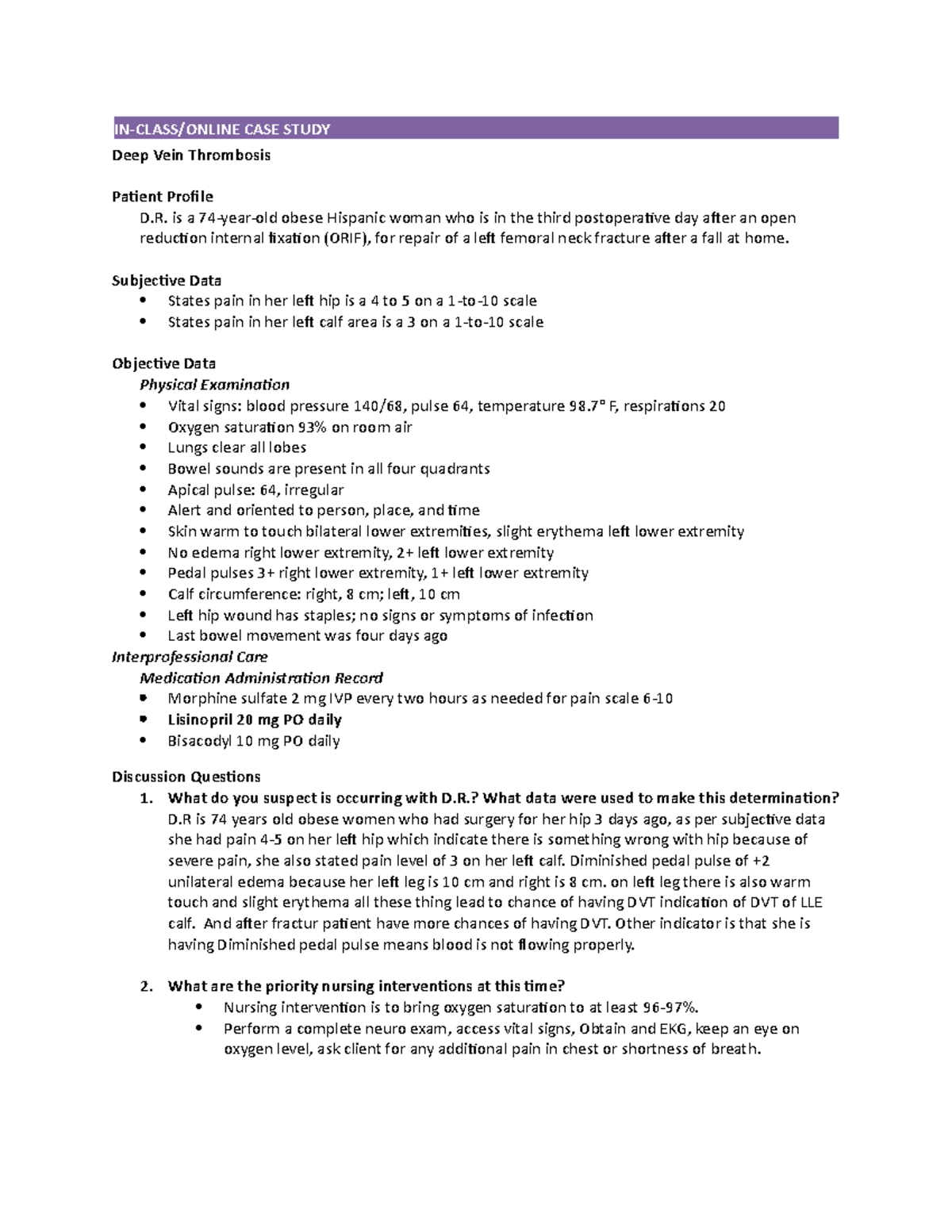 DVT Case Study work - IN-CLASS/ONLINE CASE STUDY Deep Vein Thrombosis ...