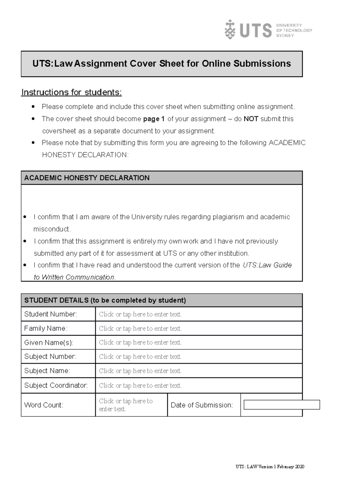 2020 Online Coversheet 0 - UTS:Law Assignment Cover Sheet for Online ...