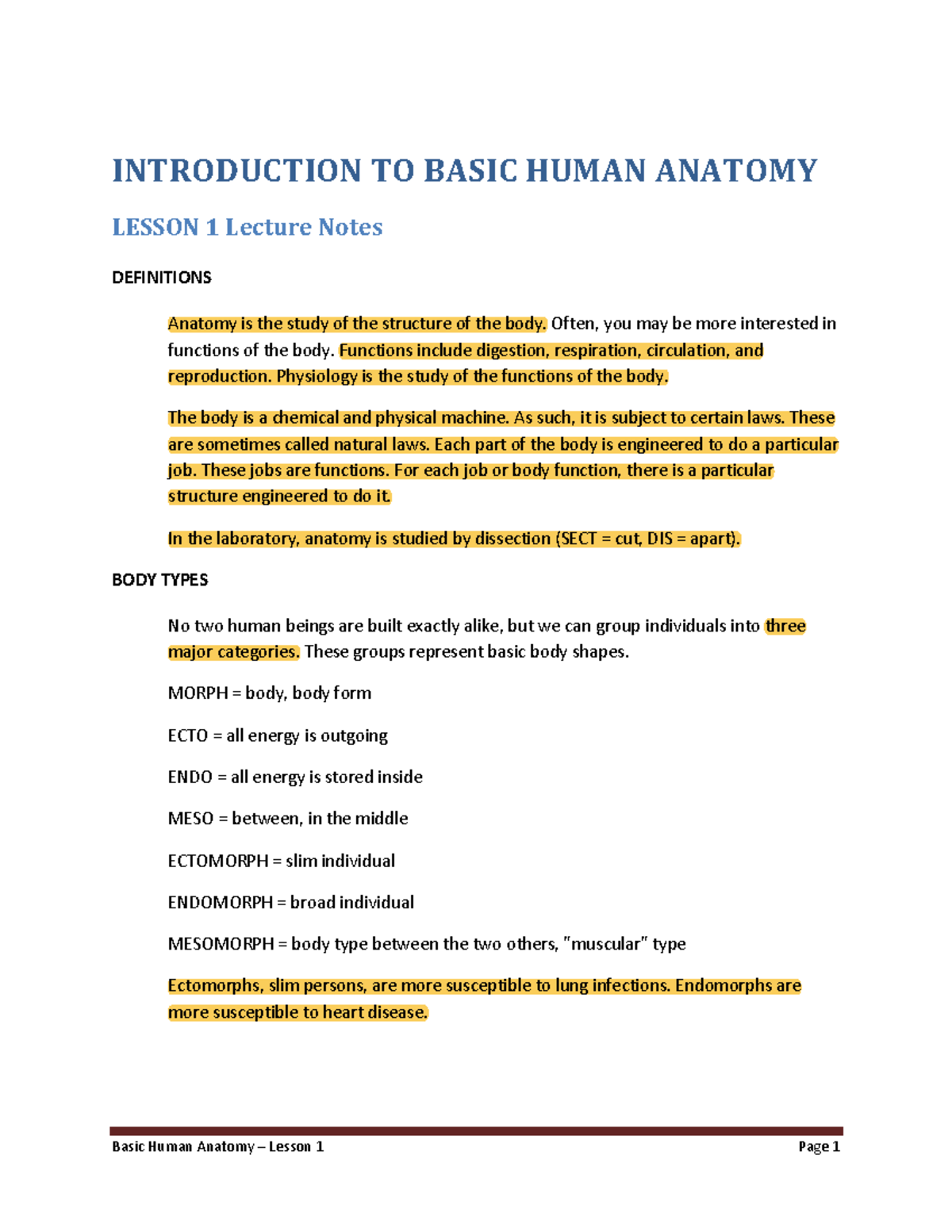 Anatomy 1 Lecture Notes - INTRODUCTION TO BASIC HUMAN ANATOMY LESSON 1 ...