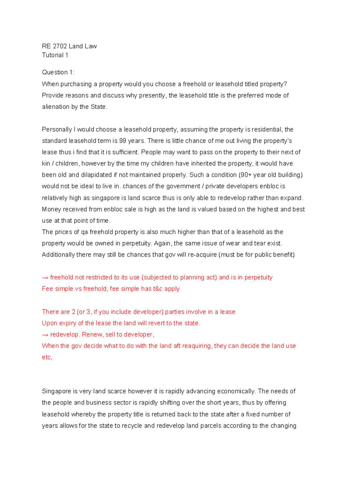 RE2702 tut 1 - Land Law Tutorial - RE 2702 Land Law Tutorial 1 Question ...