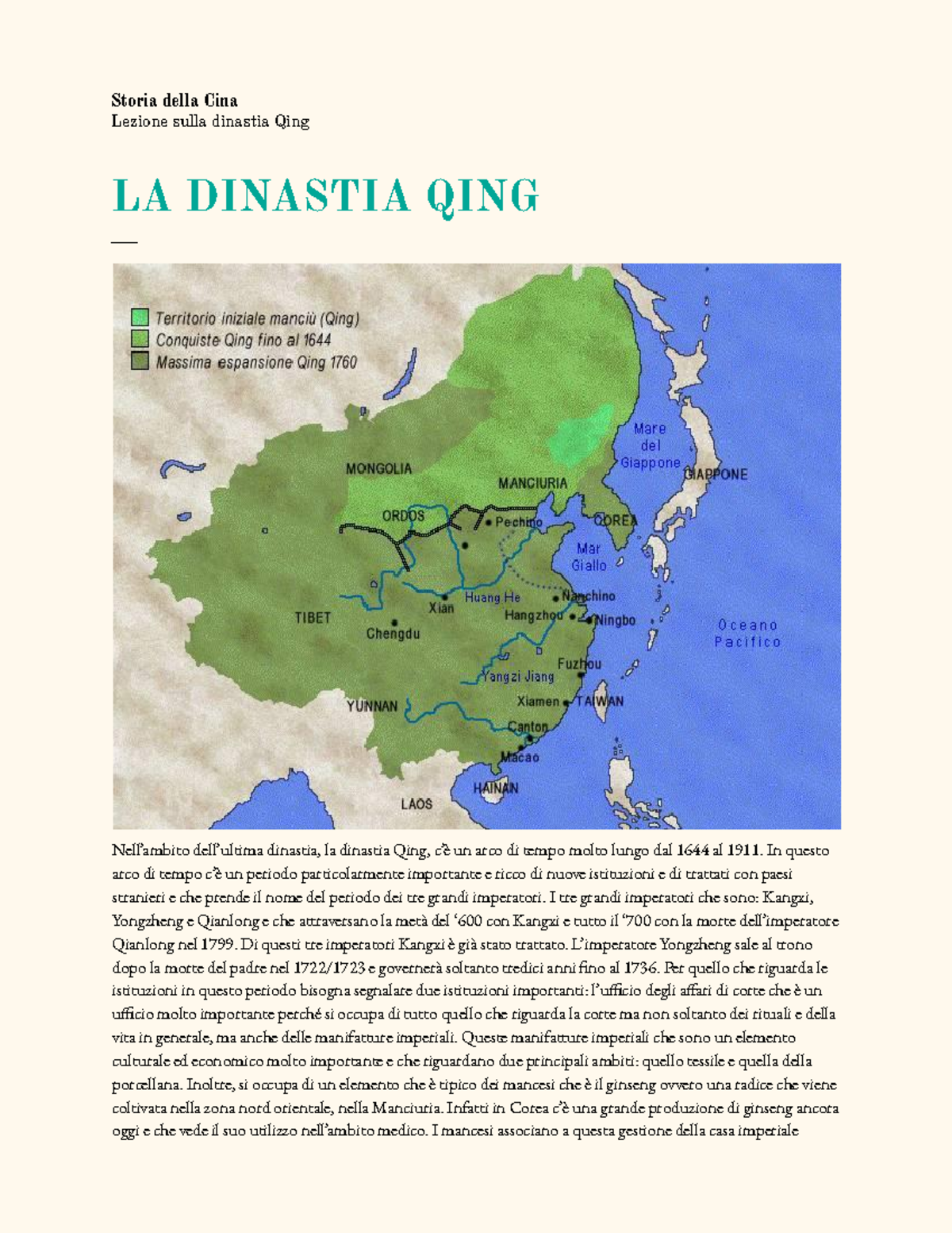 I QING - appunti presi a lezione - Storia della Cina Lezione sulla ...