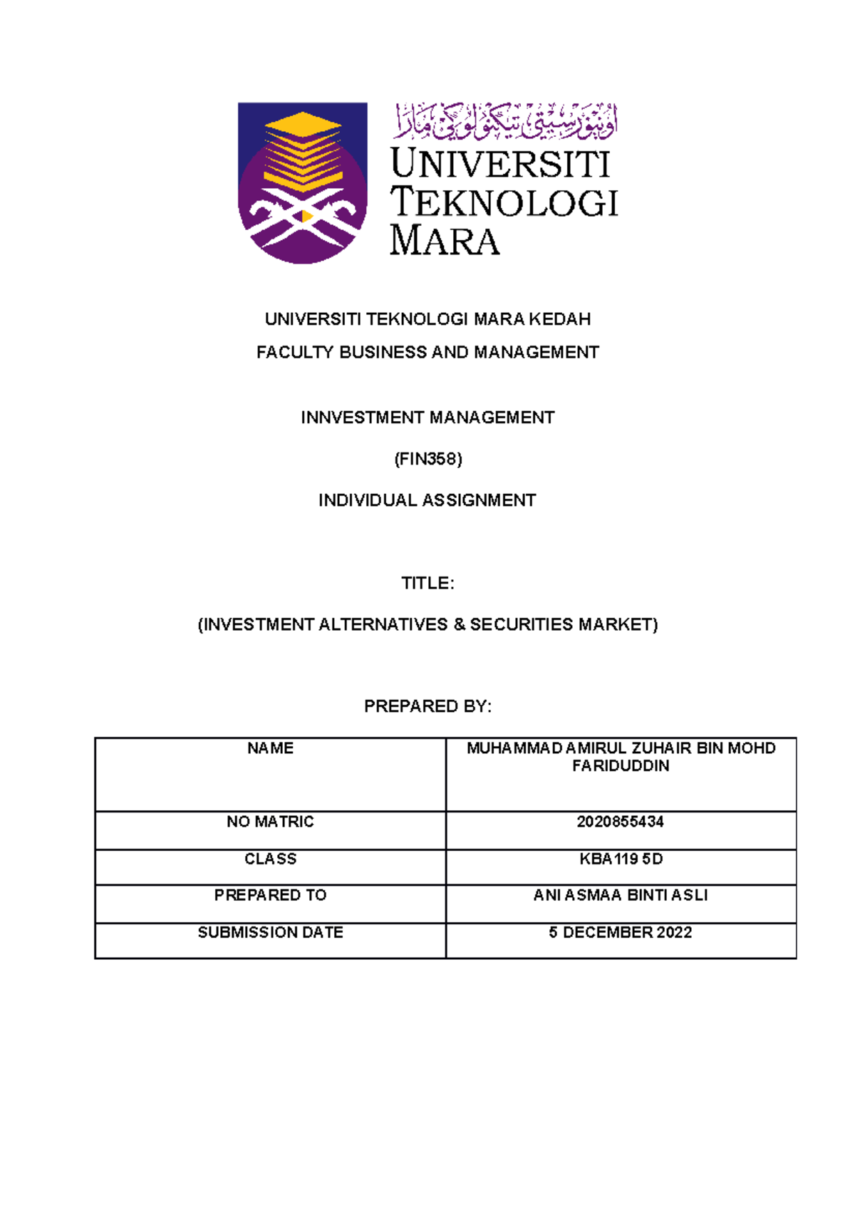 FIN358 - Individual Assignment - UNIVERSITI TEKNOLOGI MARA KEDAH ...