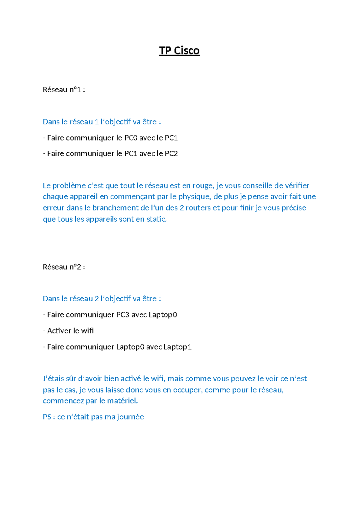 TP cisco - TP Cisco Réseau n°1 : Dans le réseau 1 l’objectif va être ...