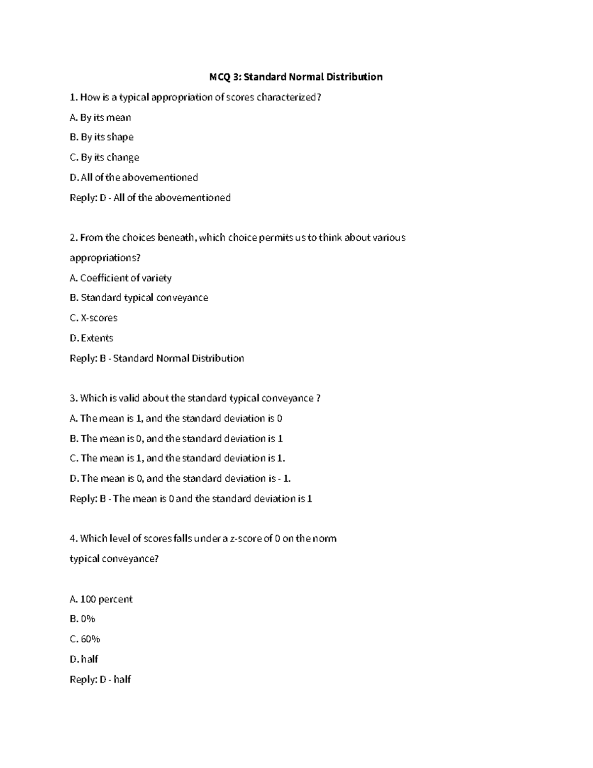 MCQs 3 Standard Normal Distribution - STAA 4000 - Dal - Studocu