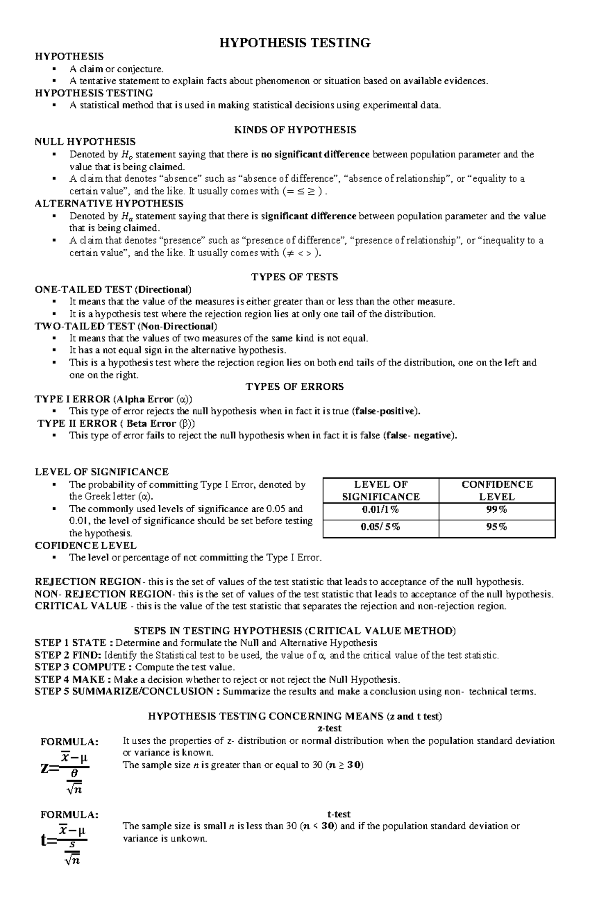 Hypothesis Testing Lesson Summary - HYPOTHESIS TESTING HYPOTHESIS A ...