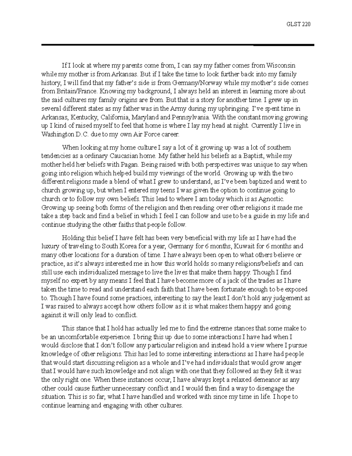 GLST220 Assignment 1 Work - GLST 220 If I look at where my parents come ...