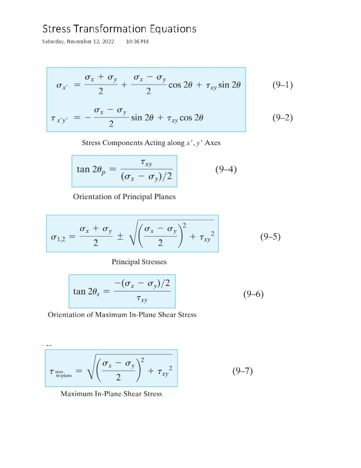 Stress Transformation Equations - The principal stresses O1 and o2 (01 ...