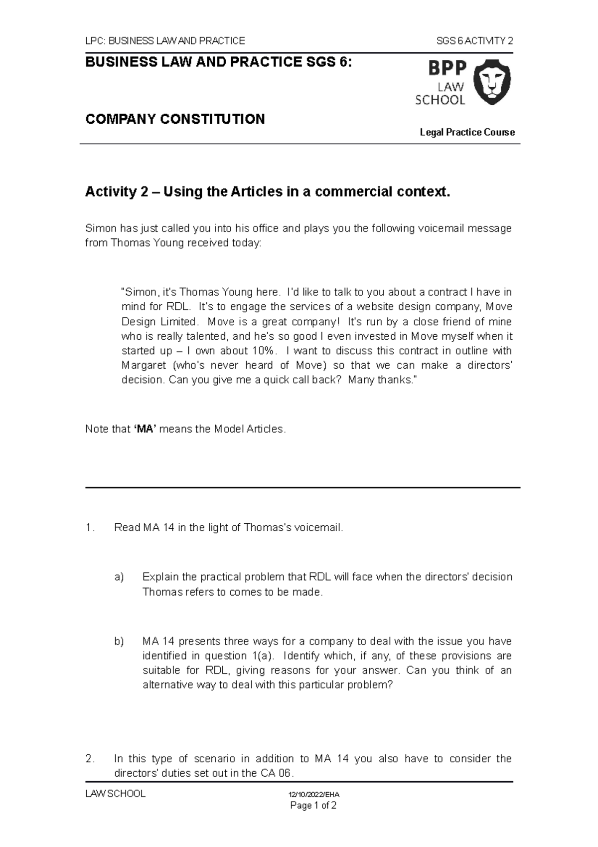 SGS 6 Activity 2 - HJGJG - LPC: BUSINESS LAW AND PRACTICE SGS 6 ...