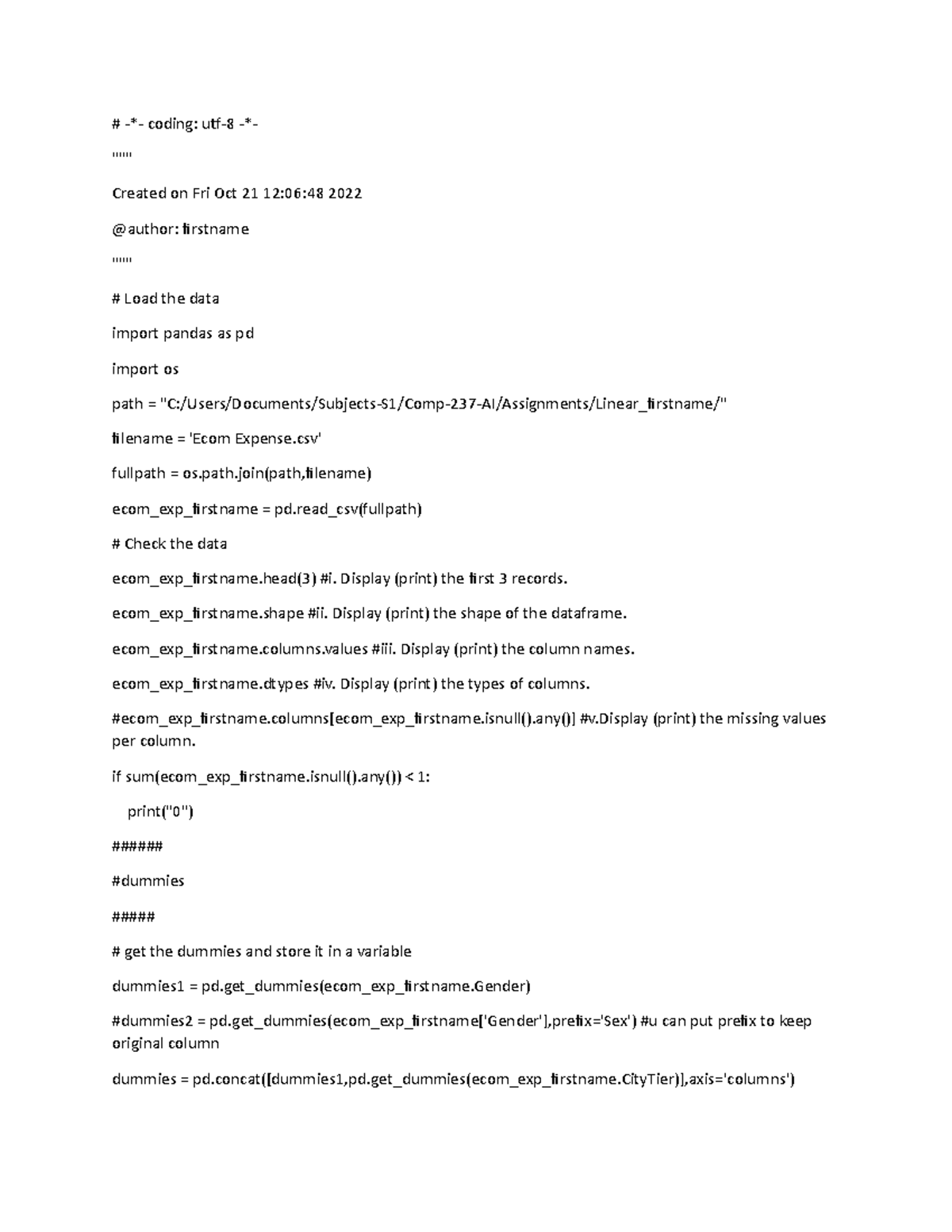 AI- Assignment linear 2 - coding: utf-8 - """ Created on Fri Oct 21 12: ...