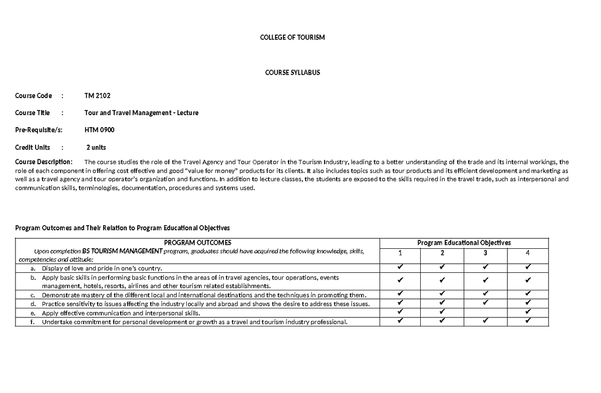 Tour and Travel Management Syllabus - COURSE SYLLABUS Course Code : TM ...