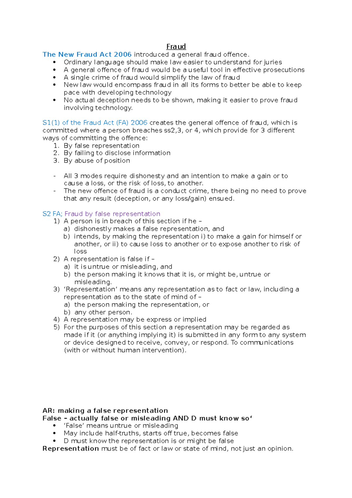 Fraud - lecture notes - Fraud The New Fraud Act 2006 introduced a ...