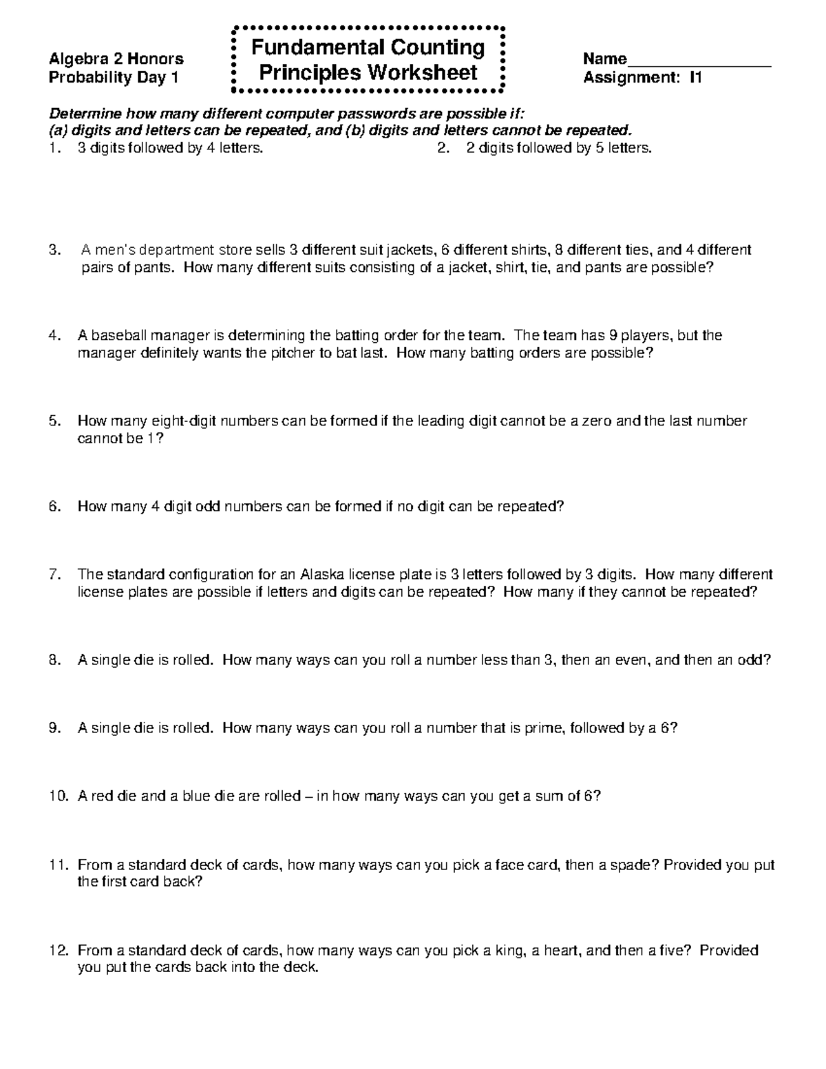 Probability Day 1 Worksheet 2016 17 - Algebra 2 Honors Name________________ Probability Day 1 ...