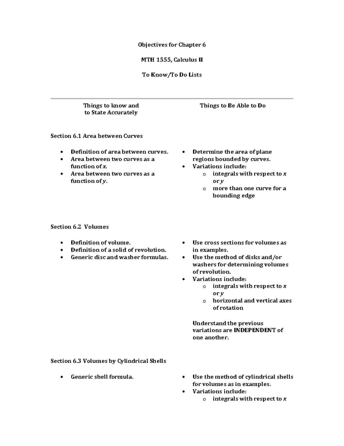 MTH 155 5- Chapter 6 - Objectives for Chapter 6 MTH 155 5 , Calculus II ...