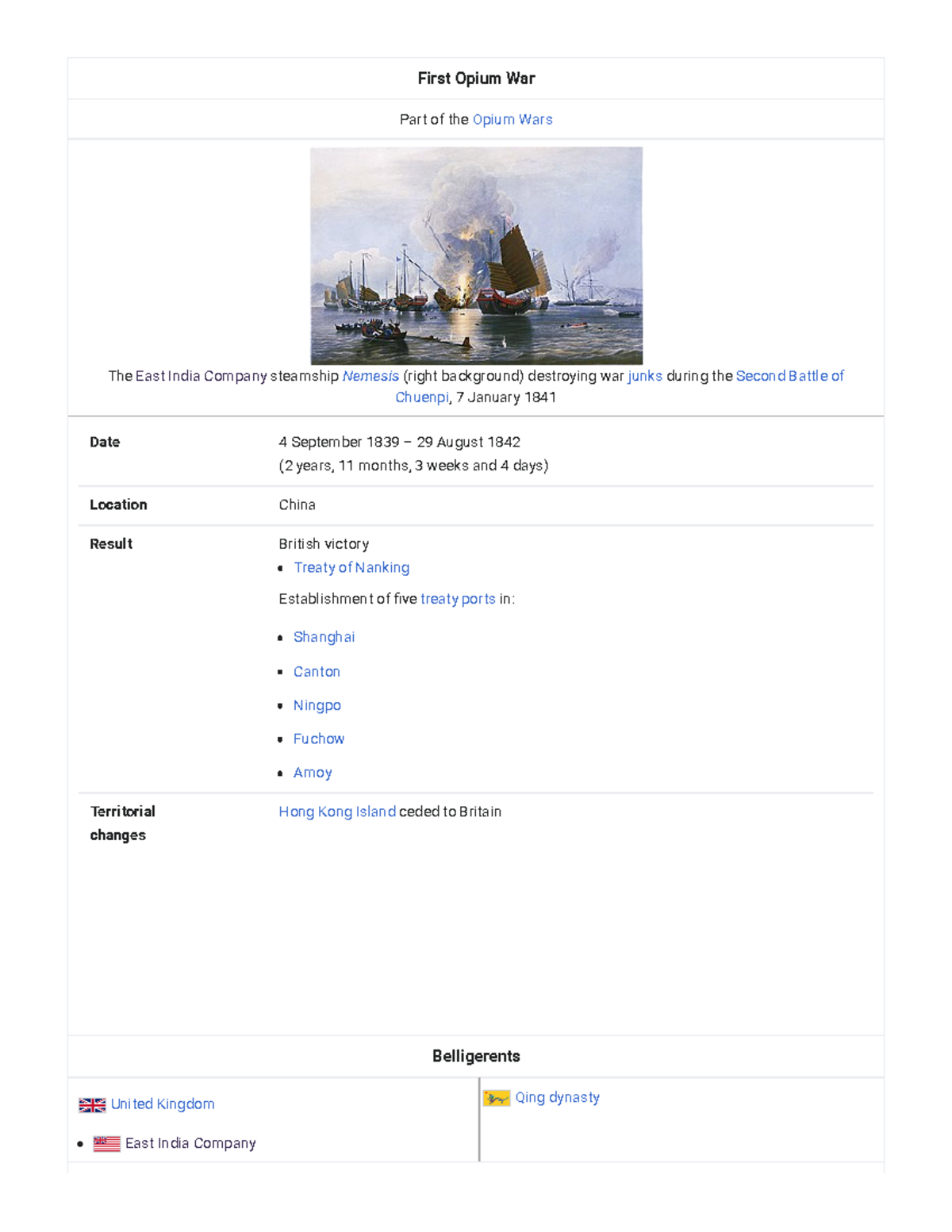 Anglo Chinese war also known as the first opium war. In 1839 to 1842 ...