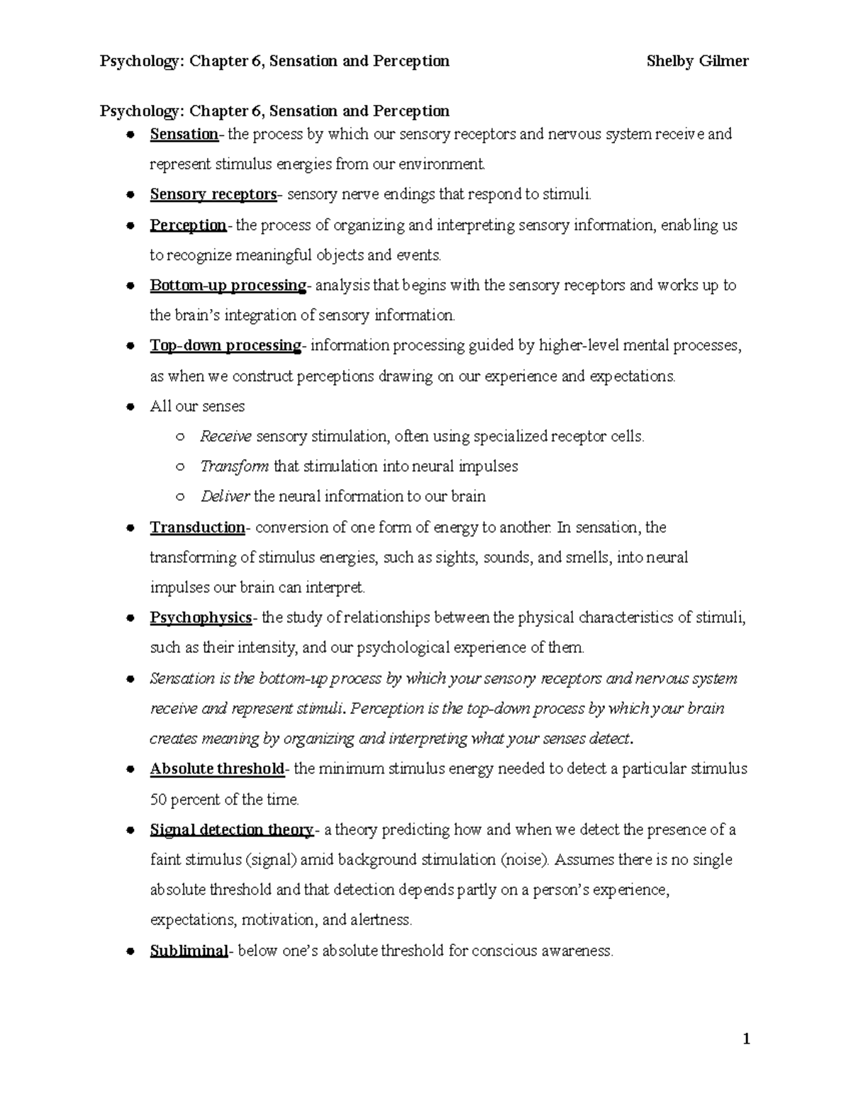 Psychology: Chapter 6, Sensation and Perception - Psychology: Chapter 6 ...