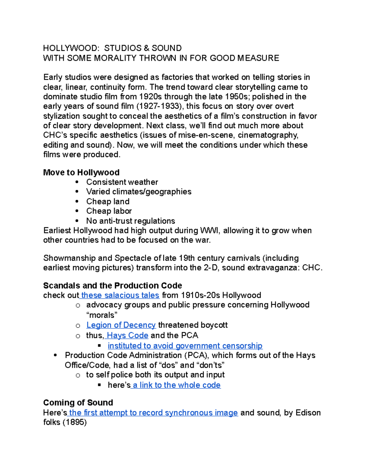 Film2700 study guide #2 - HOLLYWOOD: STUDIOS & SOUND WITH SOME MORALITY ...