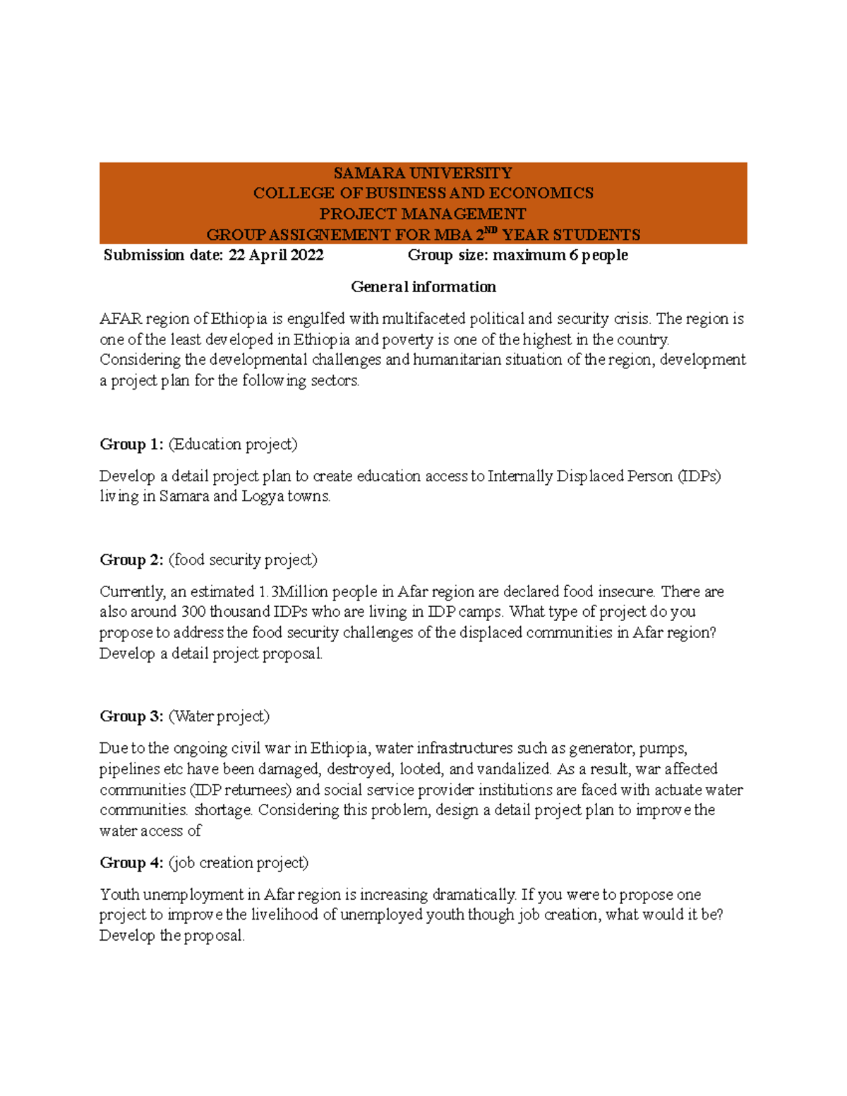 Assignment MBA - tf8ygp9y - SAMARA UNIVERSITY COLLEGE OF BUSINESS AND ECONOMICS PROJECT ...