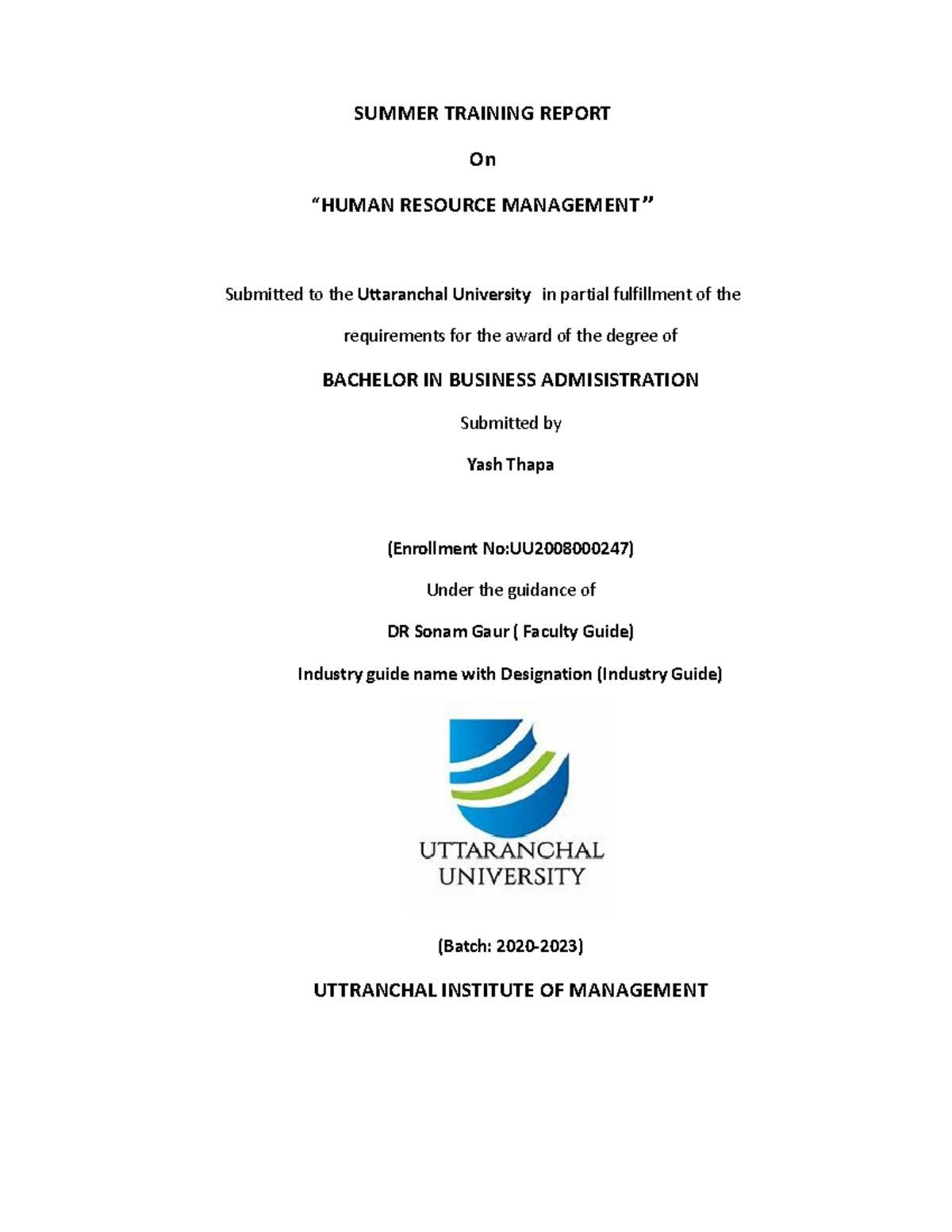 Internship Report (Autosaved) - SUMMER TRAINING REPORT On “HUMAN ...