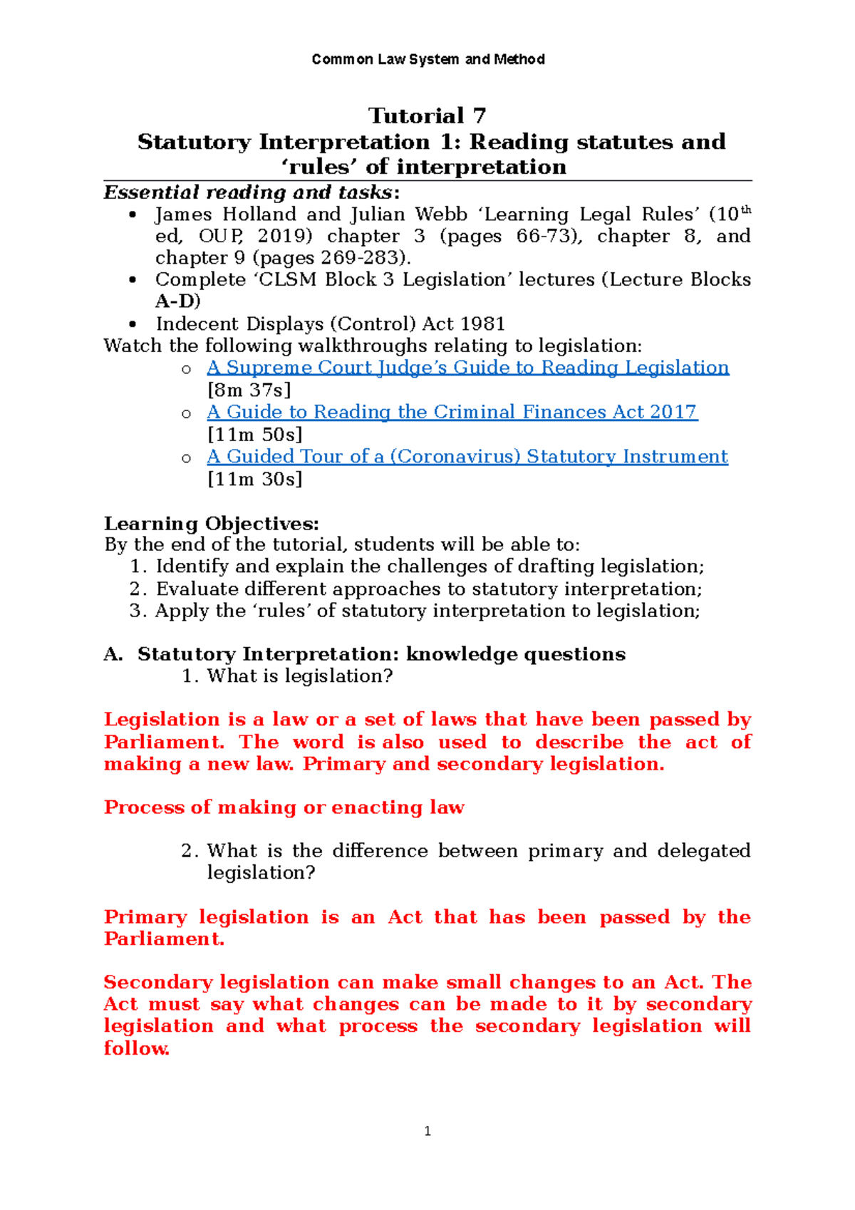 Tutorial 7 Legislation 1 - Tutorial 7 Statutory Interpretation 1 ...