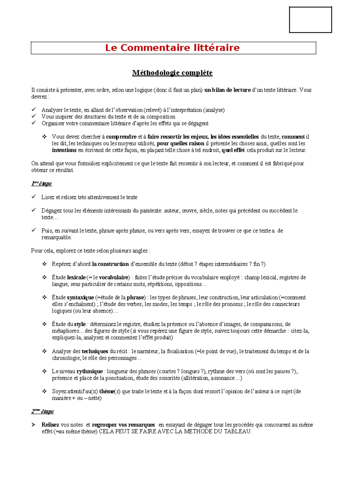 Methode Commentaire - Le Commentaire littéraire Méthodologie complète ...
