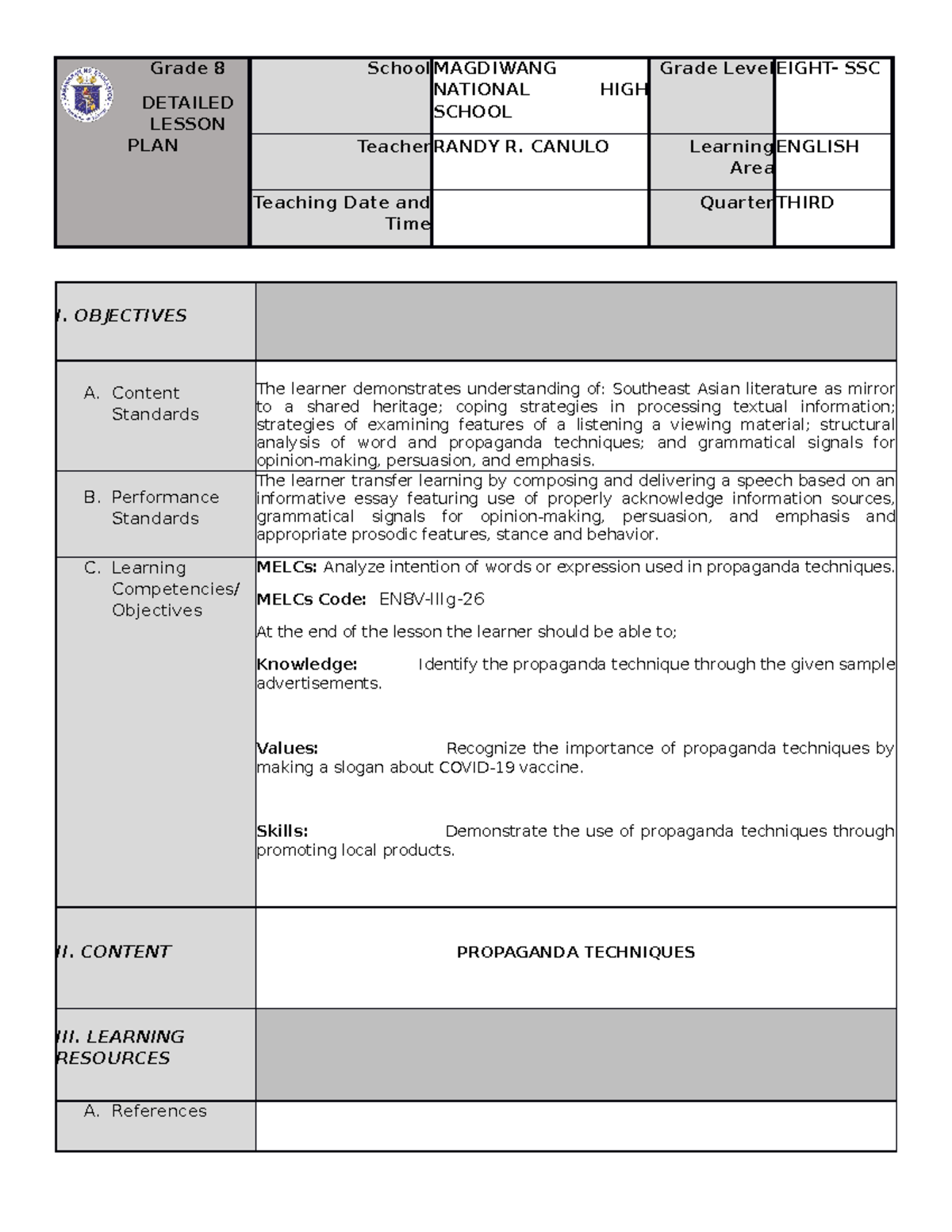 English- Detailed- Lesson-PLAN - Grade 8 DETAILED LESSON PLAN ...