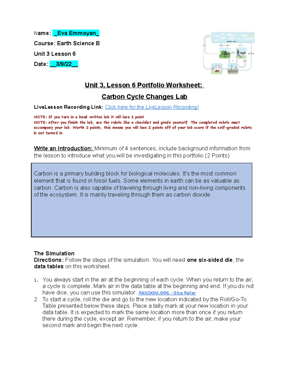 - ES B U3 Carbon Cycle Changes Portfolio Worksheet - Name: Eva Emmoyan ...