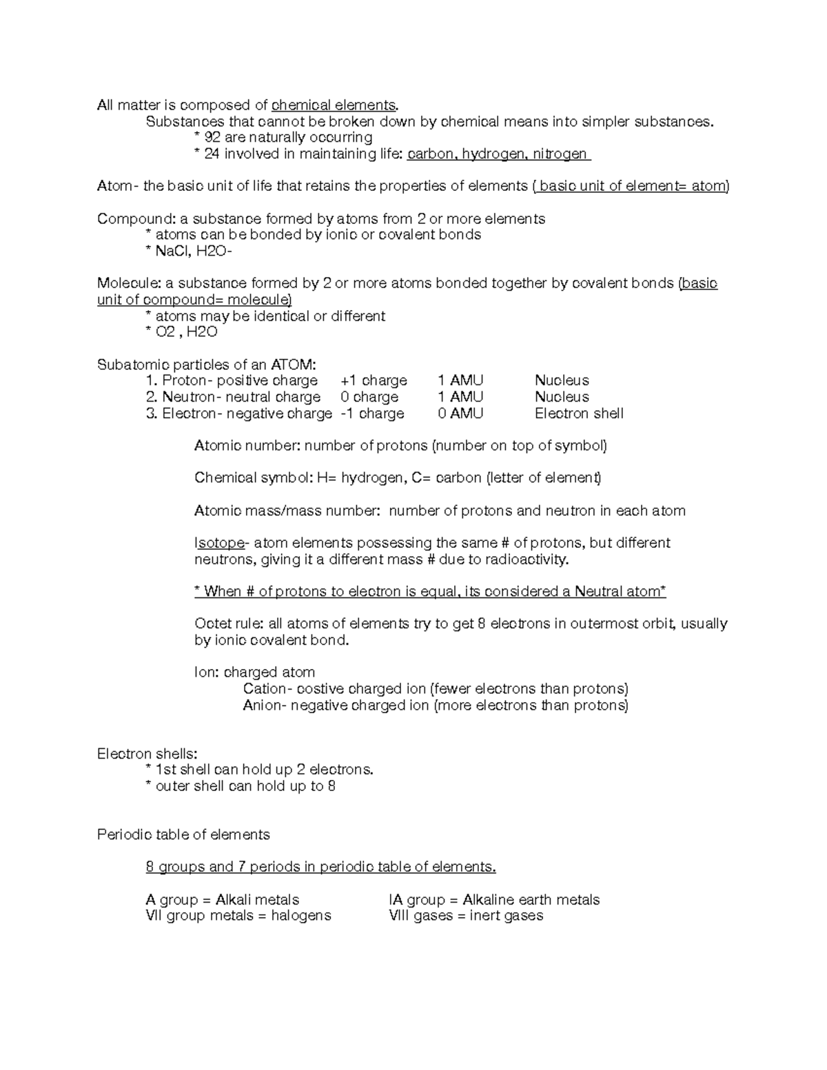Chapter 2 review - Notes - All matter is composed of chemical elements ...