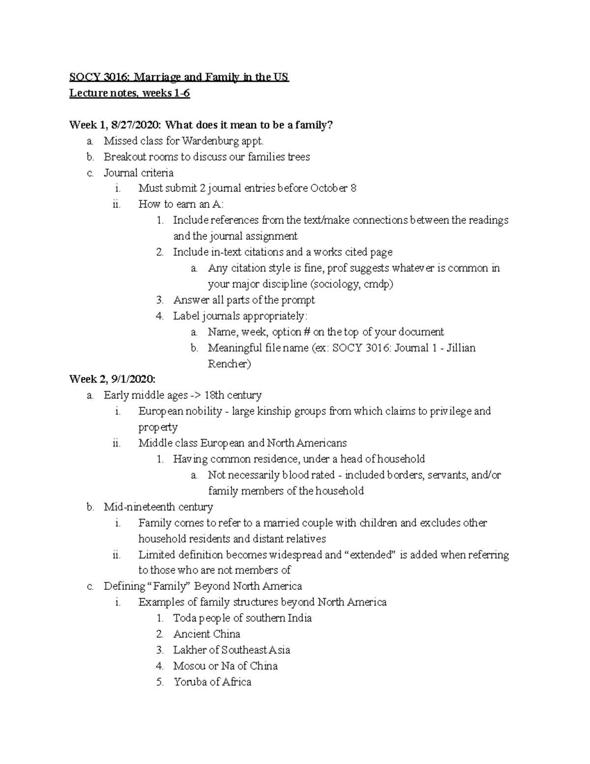 SOCY 3016: Marriage and Family in the US, lecture notes weeks 1-6 ...
