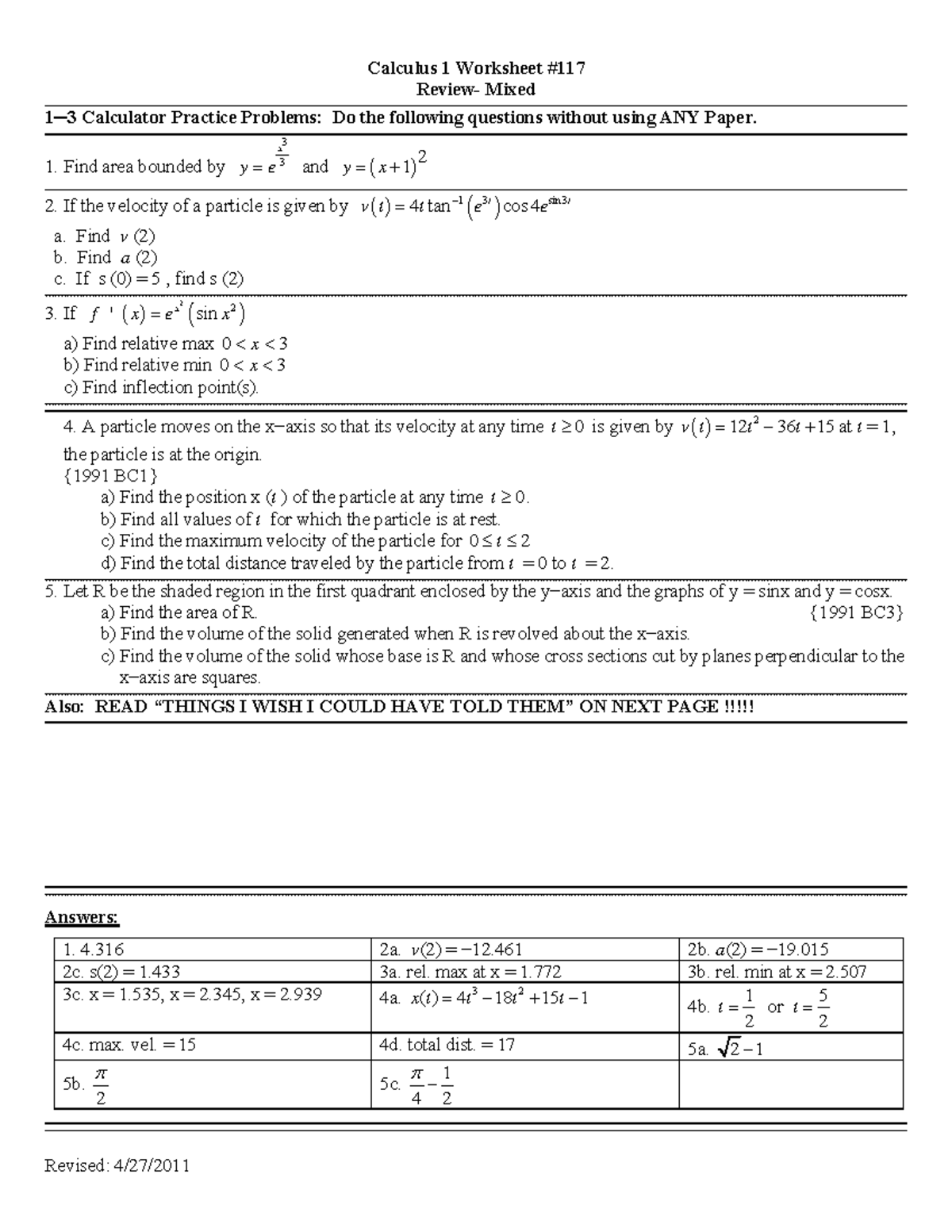 AB ws 117 Review Mixed - Calculus 1 Worksheet # Review- Mixed Revised ...