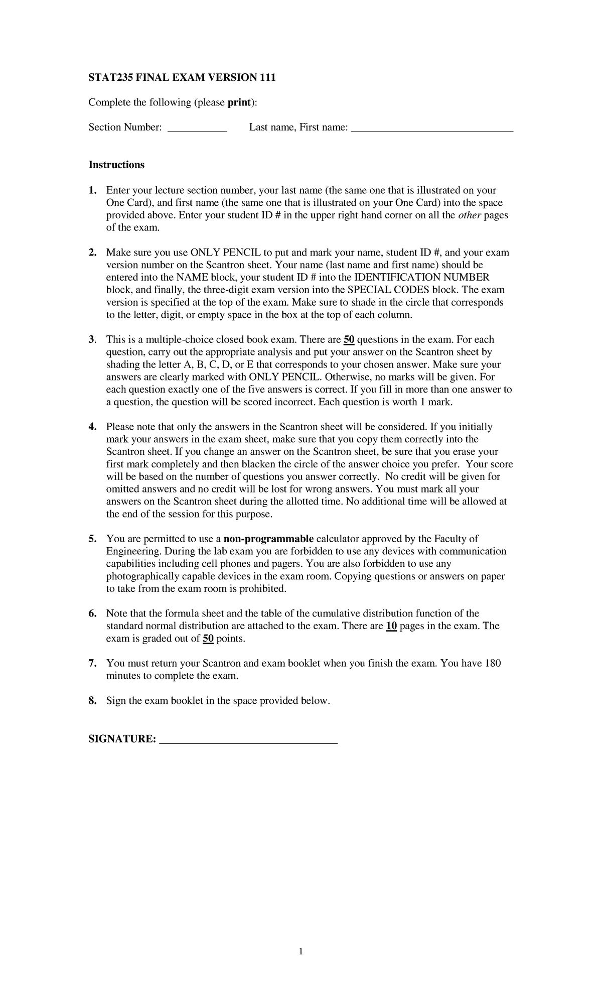 Stat 235 Final exam practice - STAT235 FINAL EXAM VERSION 111 Complete ...