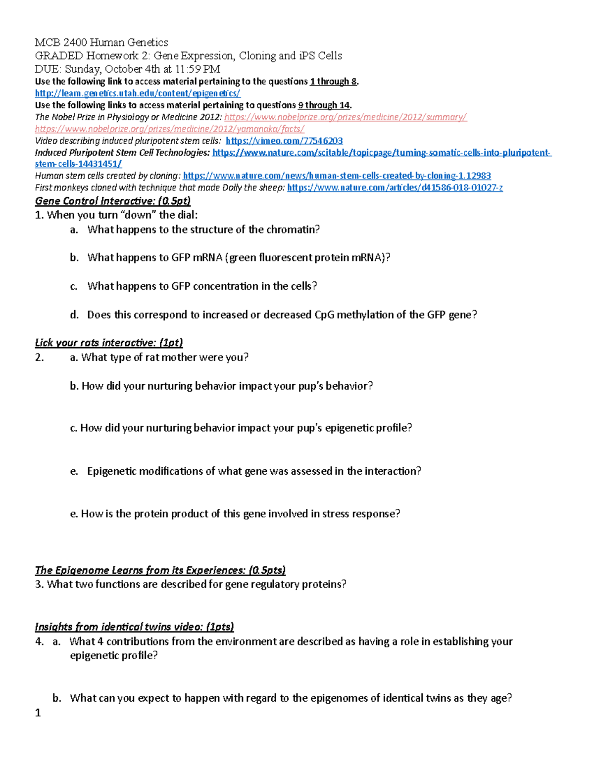 Regulation and ips HW2 FALL 2020 - MCB 2400 Human Genetics GRADED ...