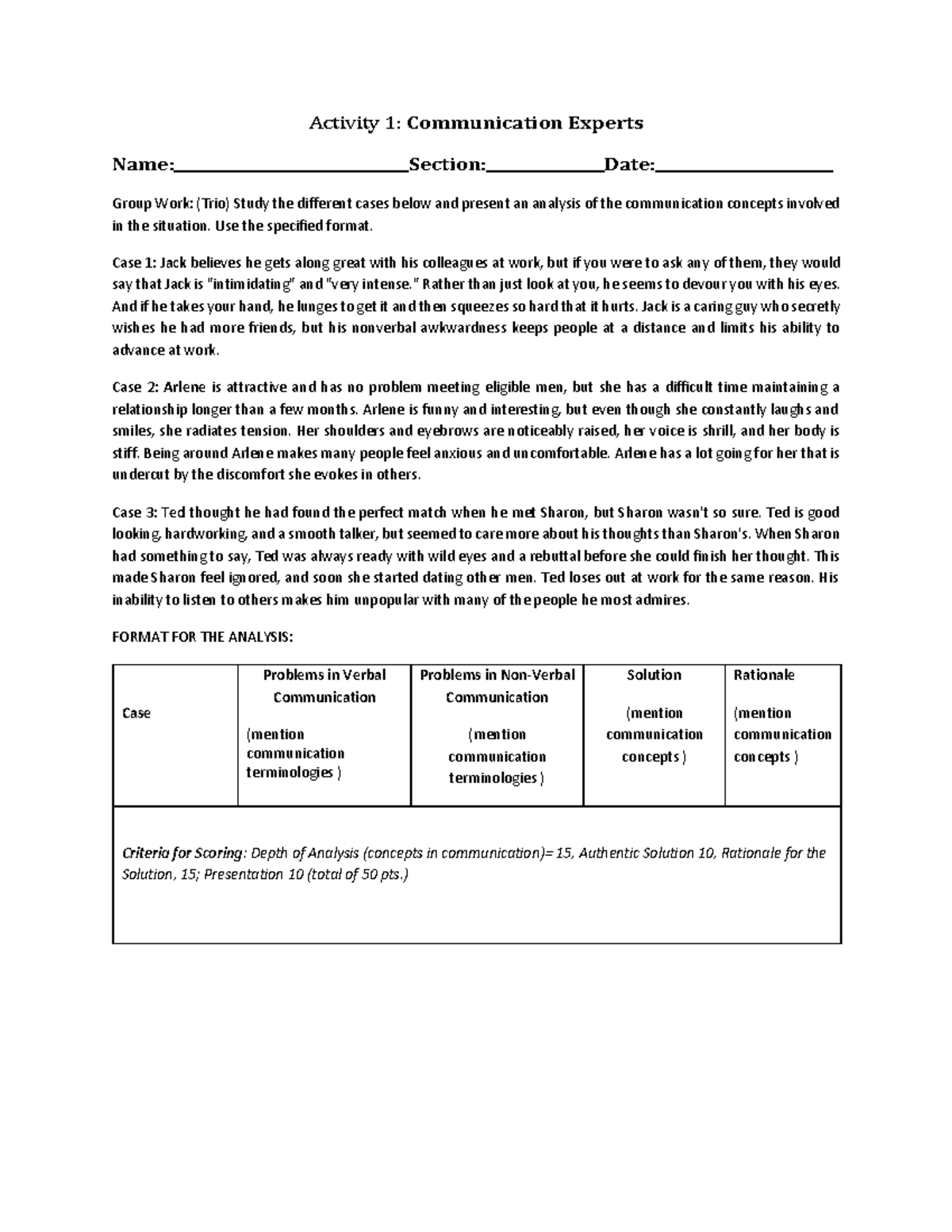 Activity 1 Chapter 1 Purcom Activity 1 Communication Experts Name Section Date Group Work