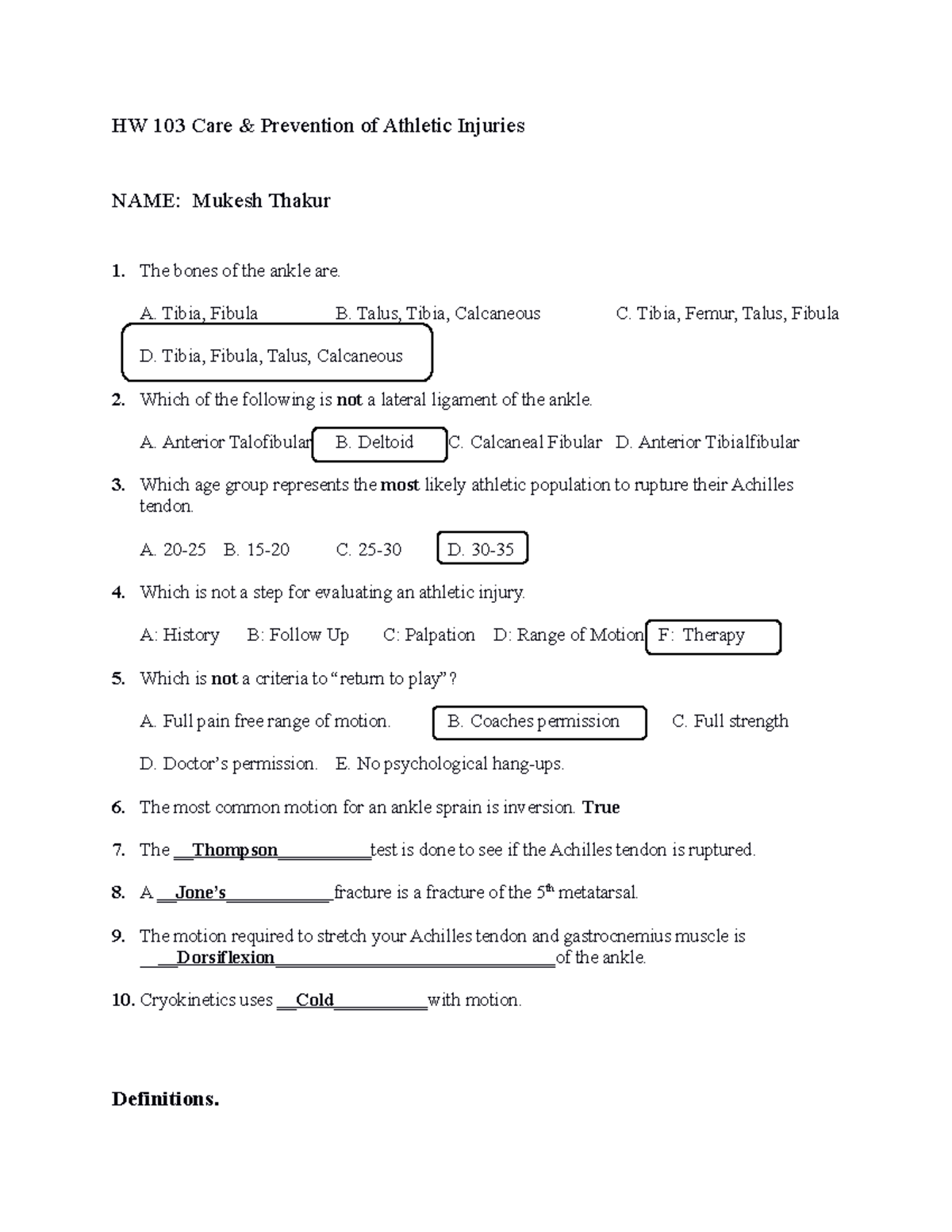 Assignment# 1 - HW 103 Care & Prevention of Athletic Injuries NAME ...