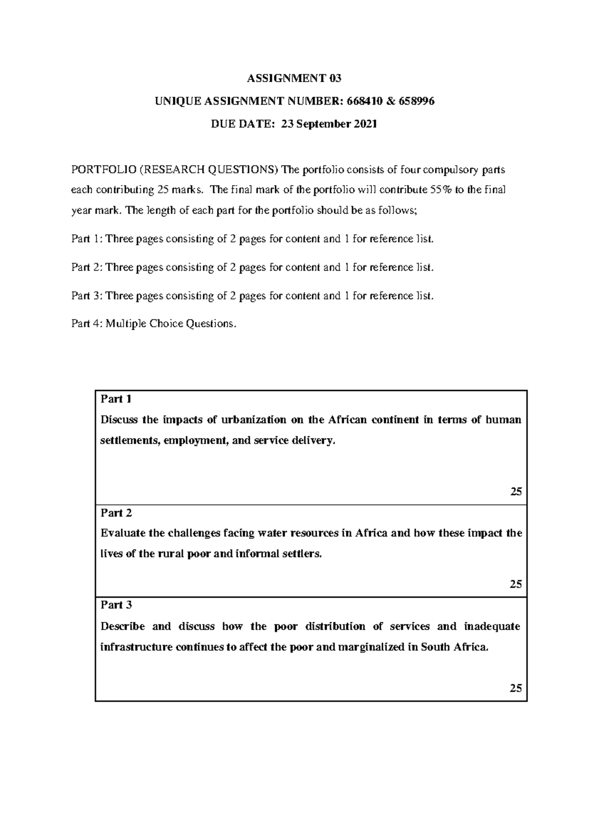 Portfolio Questions Sept 2021 - ASSIGNMENT 03 UNIQUE ASSIGNMENT NUMBER: 668410 & 658996 DUE ...