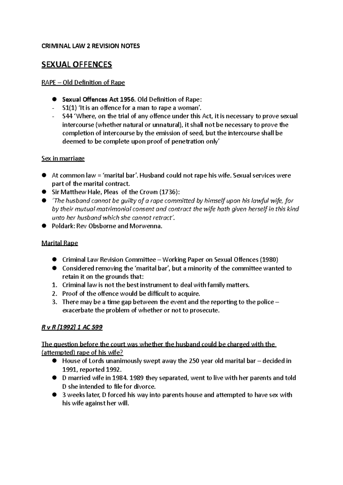 Sexual Offences Notes - CRIMINAL LAW 2 REVISION NOTES SEXUAL OFFENCES ...