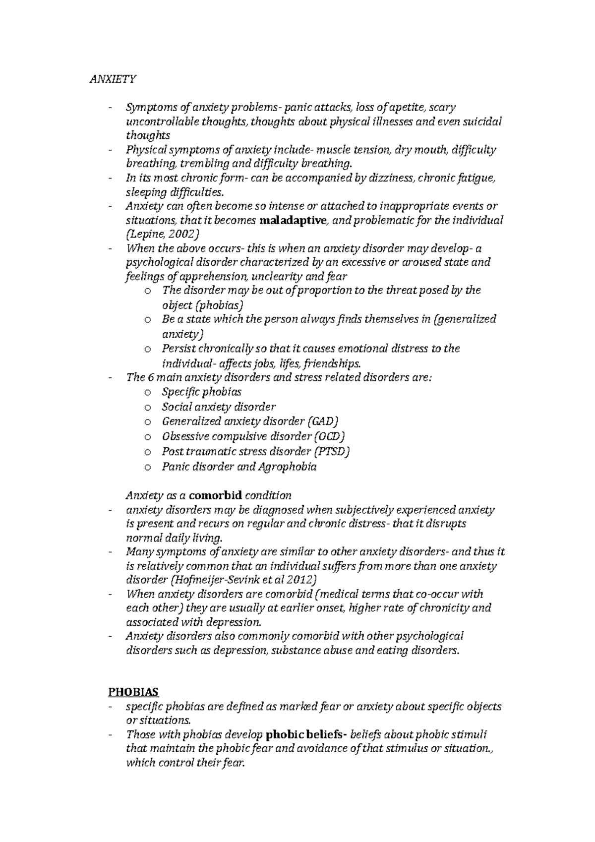 Anxiety lecture notes - ANXIETY Symptoms of anxiety problems- panic ...