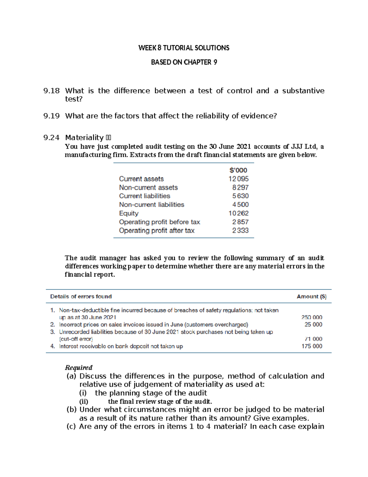 WEEK 8 Tutorial Questions - WEEK 8 TUTORIAL SOLUTIONS BASED ON CHAPTER 9 9 What is the ...