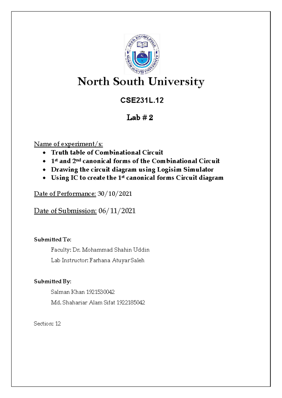 Lab Reprot 2 - Lab report - North South University CSE231L. Lab # 2 Name of experiment/s: Truth ...