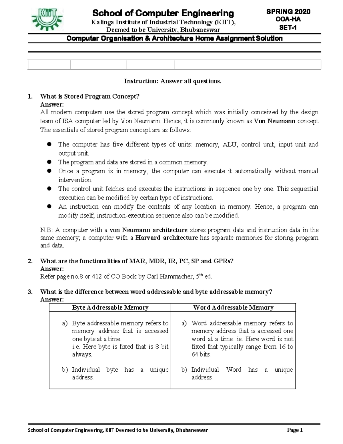 Midsem COA Practice Question-SOL - School of Computer Engineering Kalinga Institute of ...