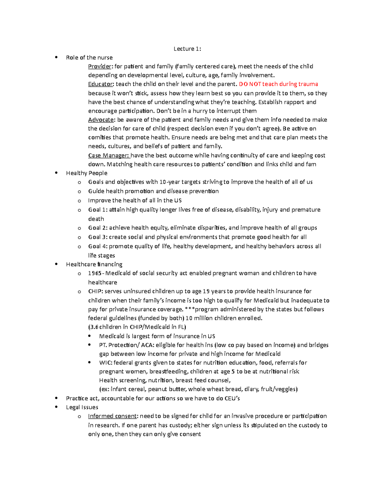 My Peds Exam 1 Notes - Pediatric nursing BC COLLEGE - Lecture 1: Role ...