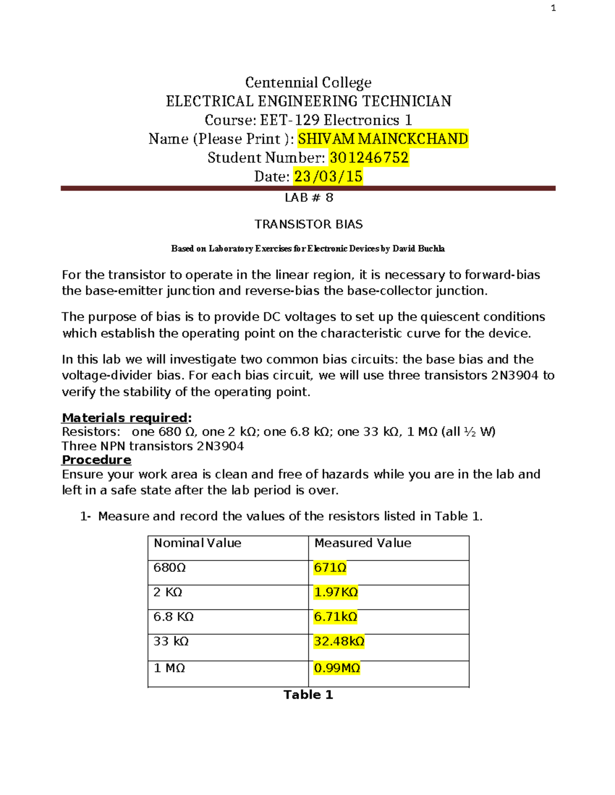 EET-129 LAB 8 Transistor BIAS 23W - Centennial College ELECTRICAL ...