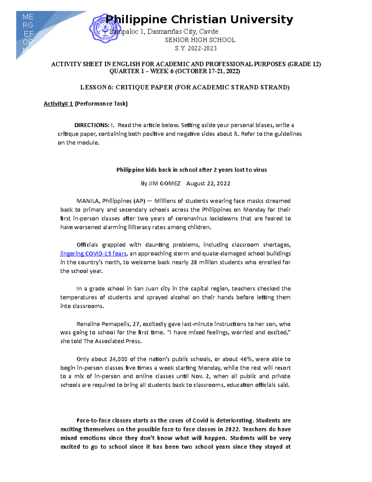 Critique paper - GE * ME RG EF OR MA T 2 Philippine Christian ...