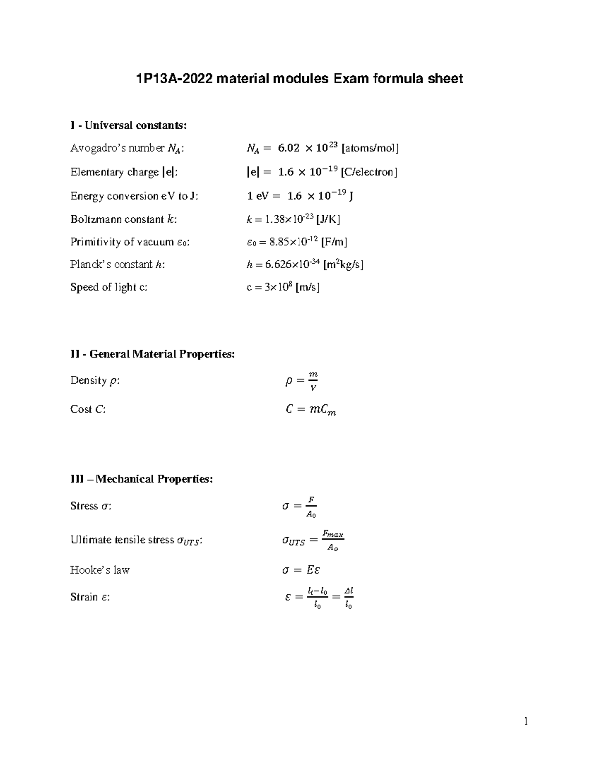 ENG1P13A - 2022 - Materials Science Equations Sheet - 1 1P13A-2022 ...