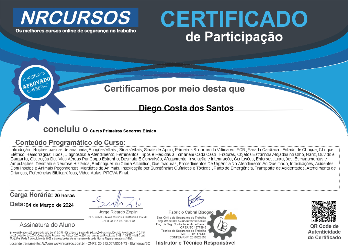 Certificado Lei Lucas - Diego Costa dos Santos &XUVR 3ULPHLURV 6RFRUURV %iVLFR - Studocu