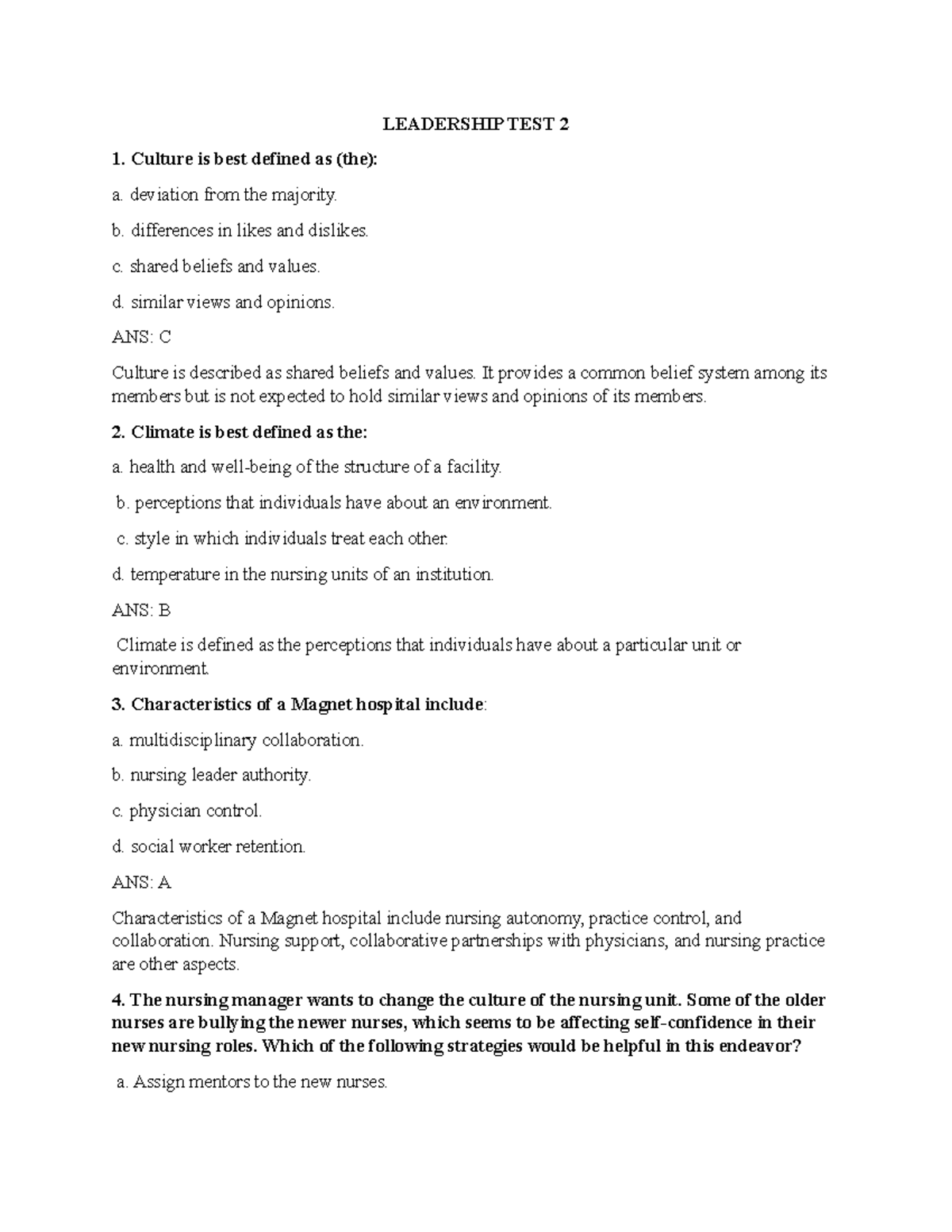 Leadership TEST 2 - practice questions - NUR4827 - Studocu