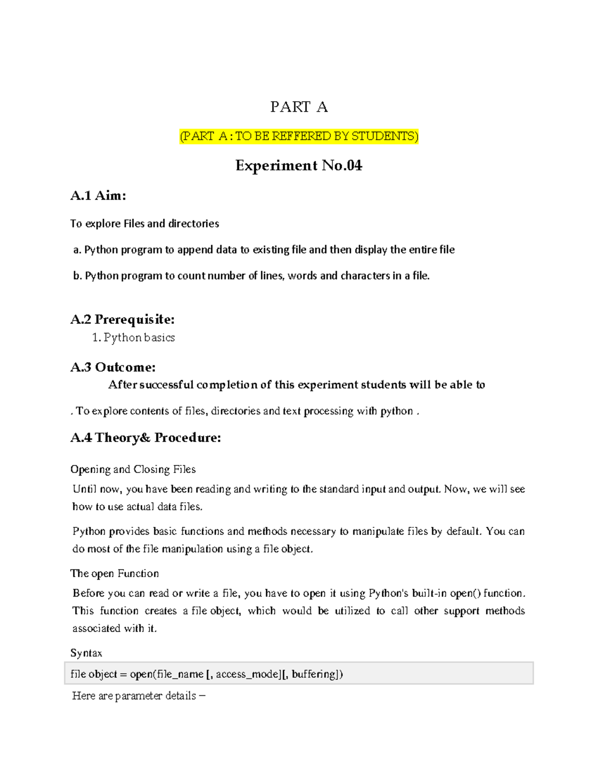 SE C39 PY X4 - PART A (PART A : TO BE REFFERED BY STUDENTS) Experiment ...