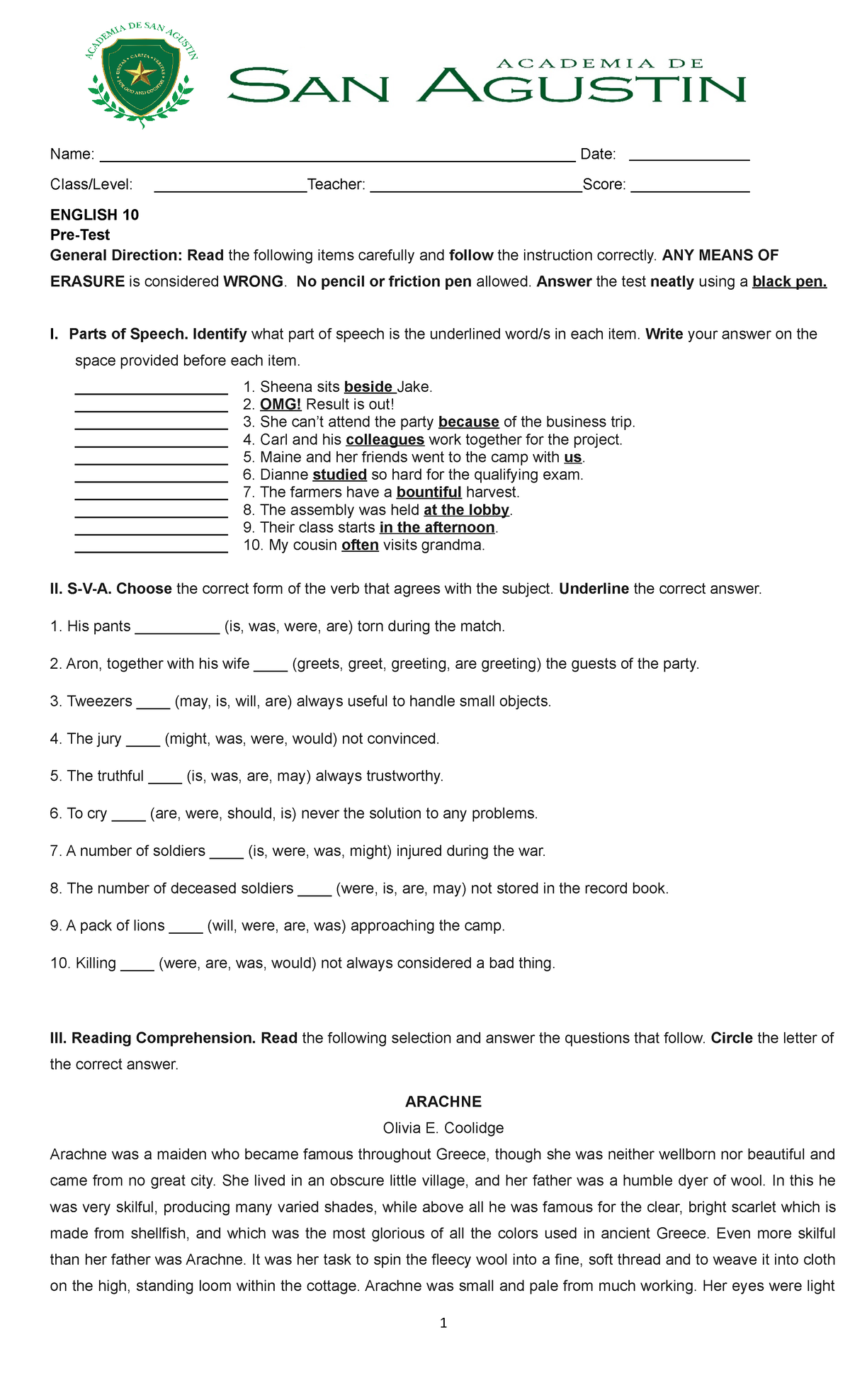 E10 Pre-test - Pre-test in English 10 - Name: - Studocu