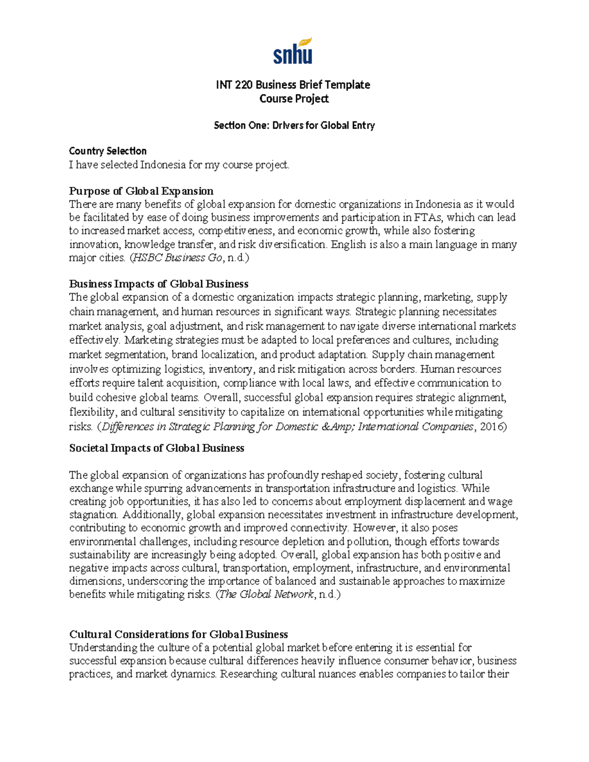 INT 220 Business Brief Section One - INT 220 Business Brief Template ...