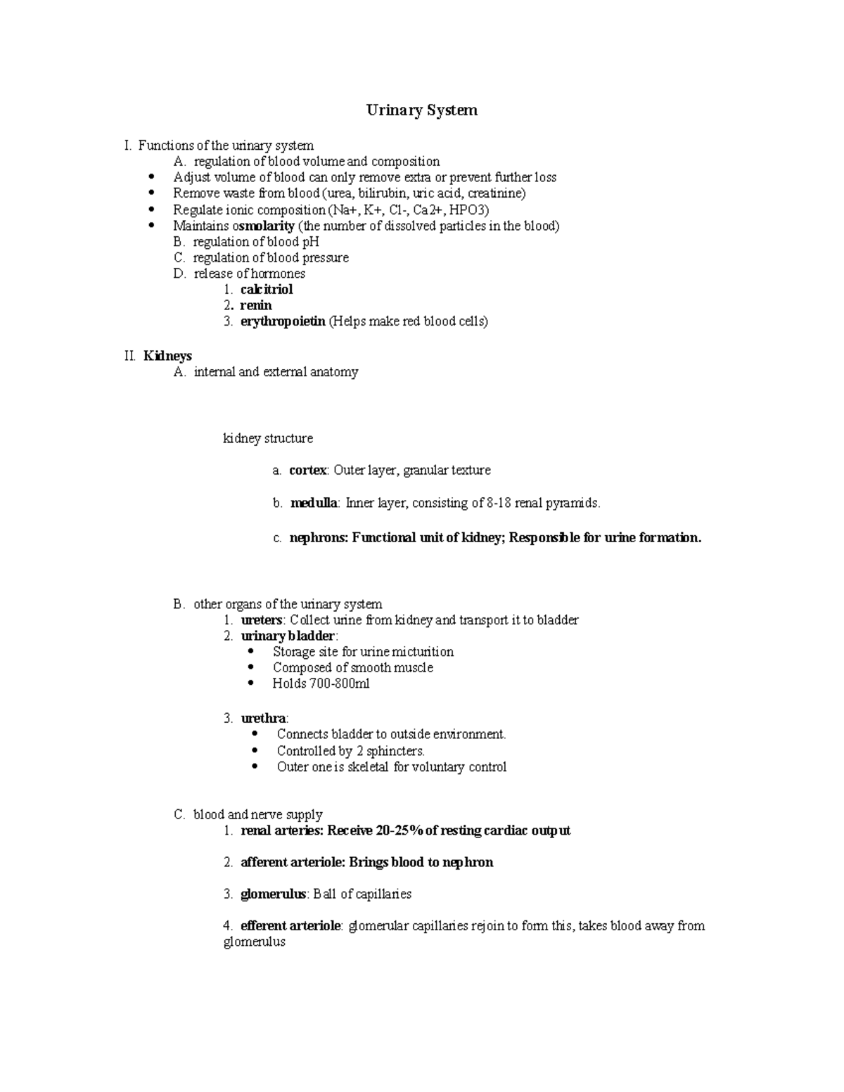 Urinary outline 2024 - lab notes - Urinary System ####### I. Functions ...