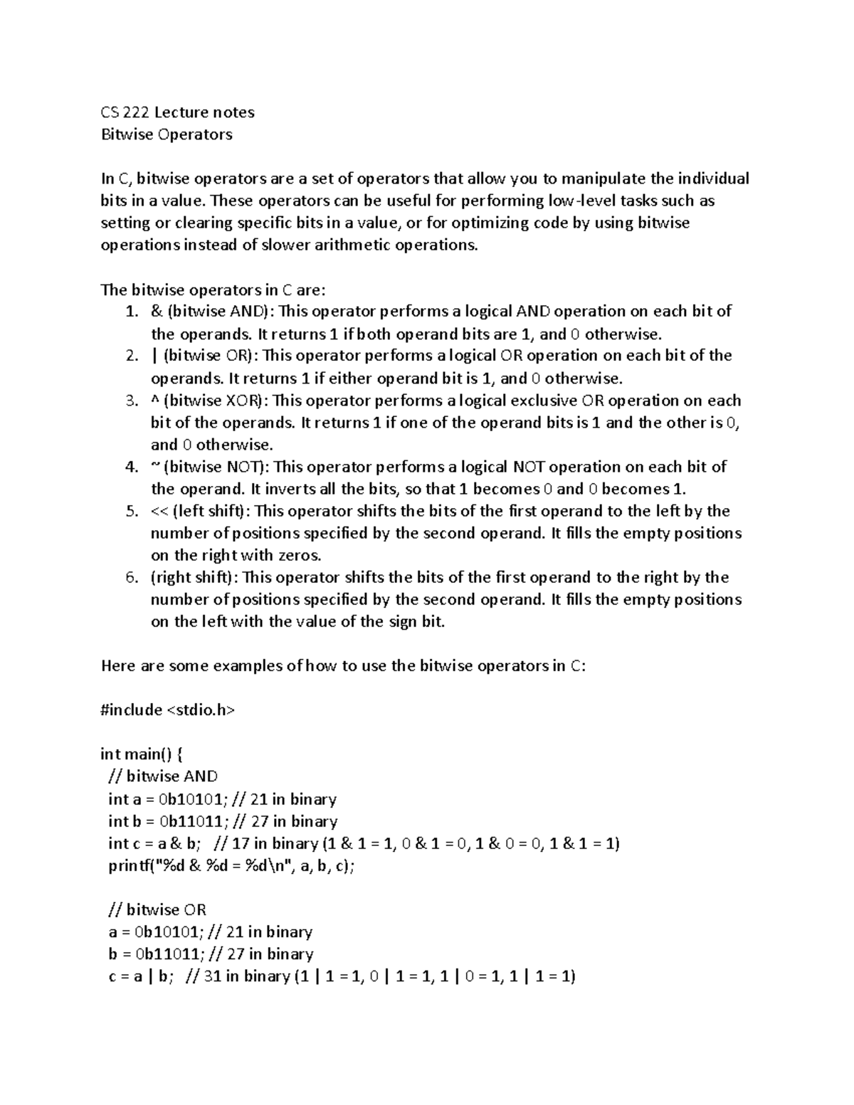 Cs 222 Bitwise Operators And Dynamic Data Structures Notes Cs 222 Lecture Notes Bitwise